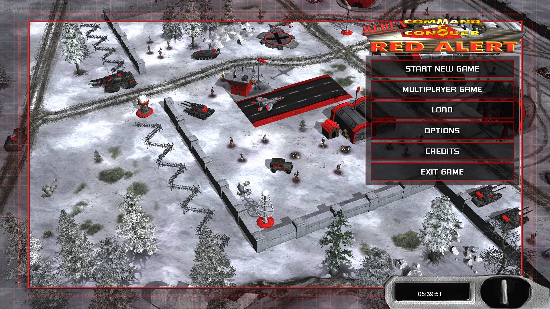 Snowy base defense setup with tanks and soldiers in C&C Red Alert Redux mod