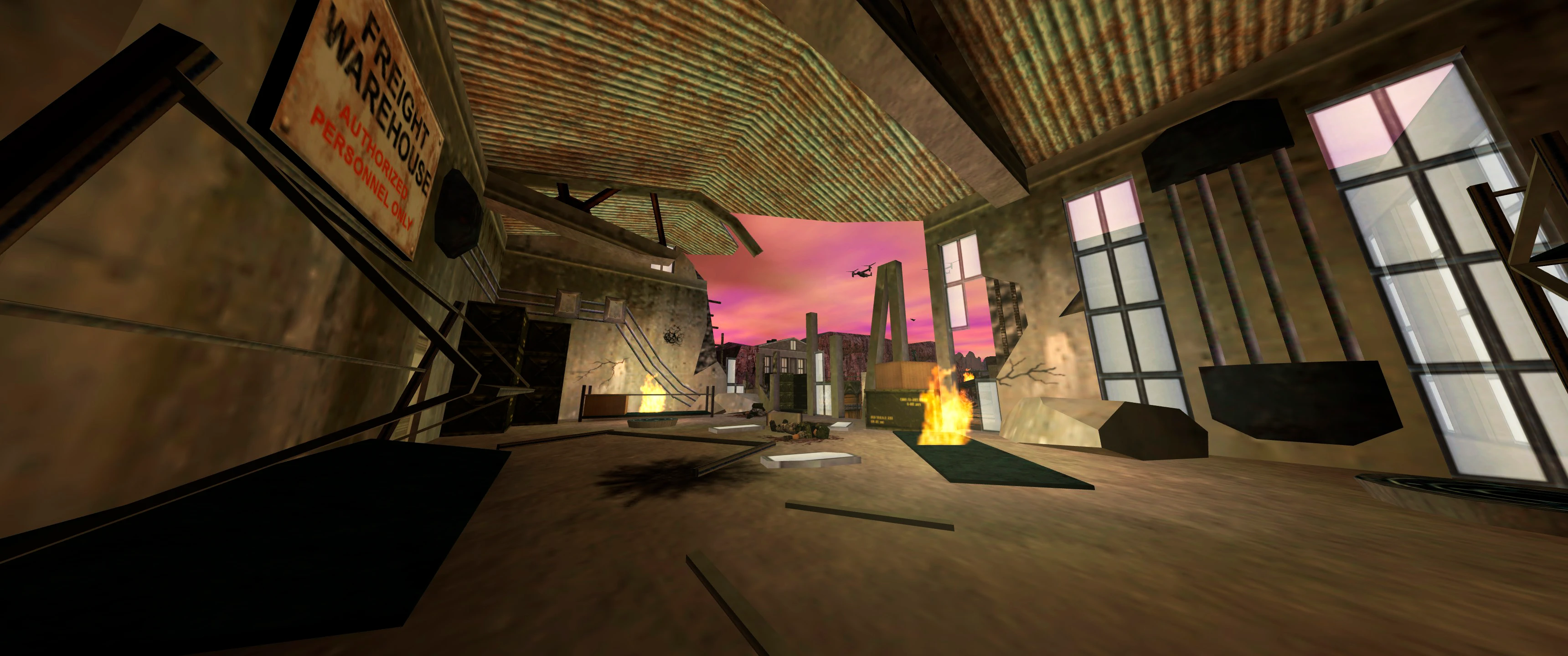 Destroyed warehouse scene with fire and helicopter in Half-Life ...