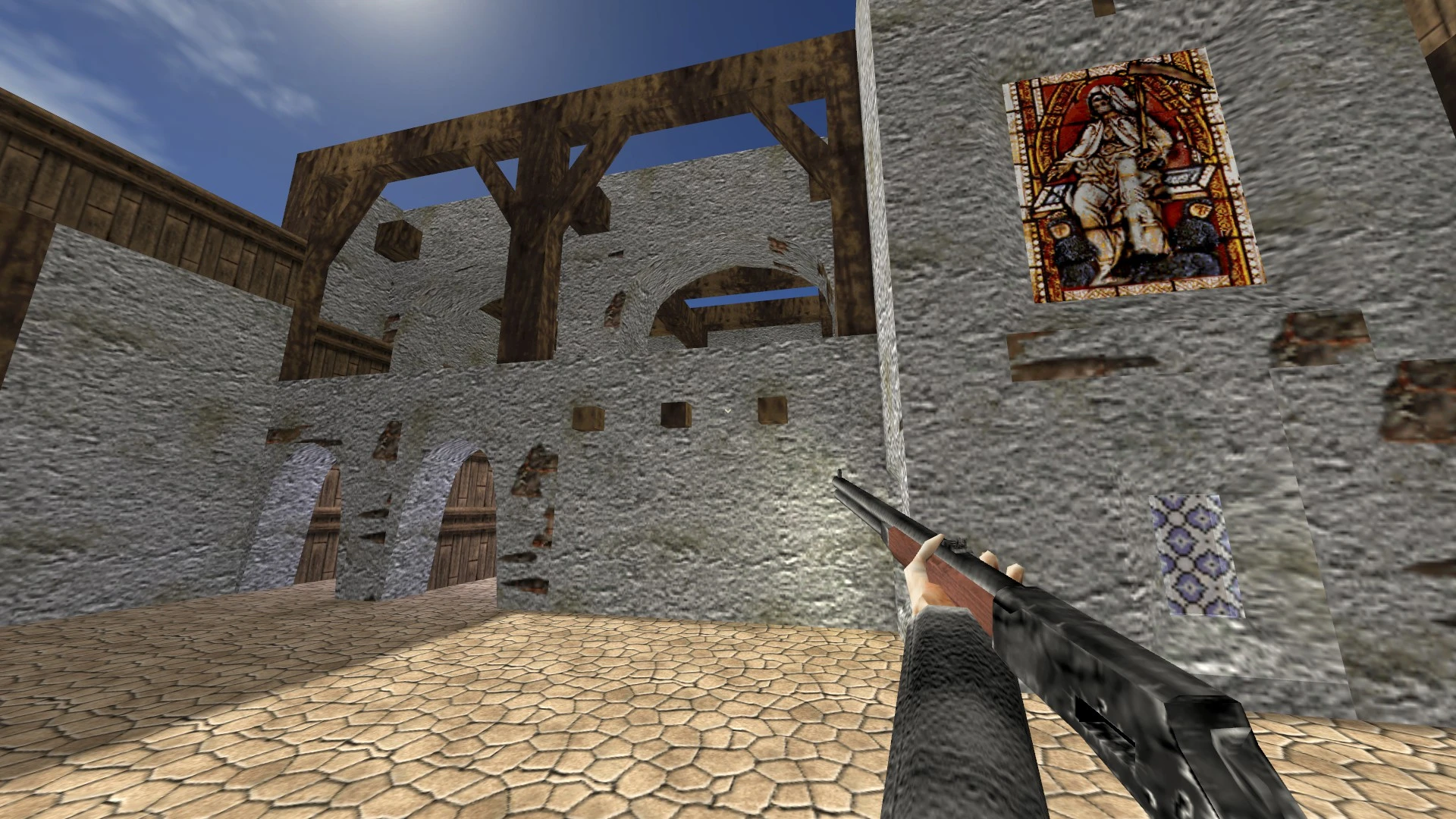 Vintage courtyard scene with shotgun in Half-Life WANTED! mod